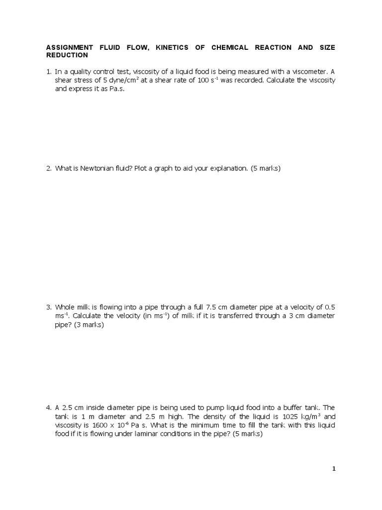 Assignment Fluid Flow, Kinetic Size Reduction | PDF | Shear Stress | Viscosity
