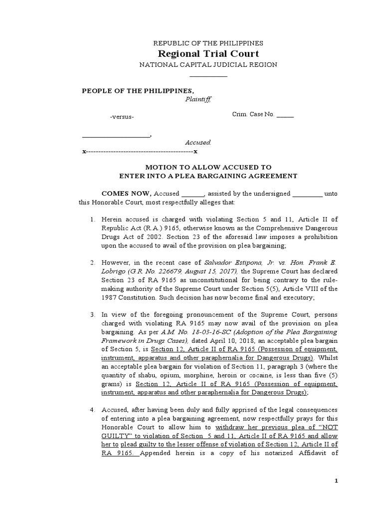 Motion to Allow Accused to Enter into a Plea Bargaining Agreement in a ...