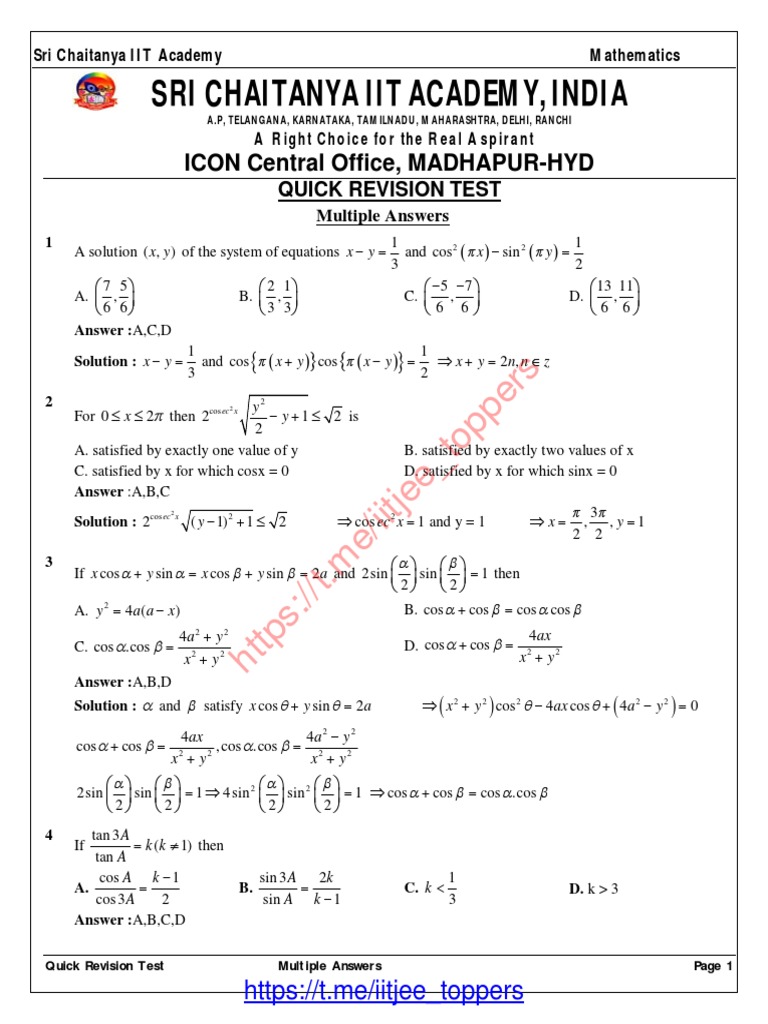 Sri Chaitanya Maths MULTIPLE CORRECT Type Question ...