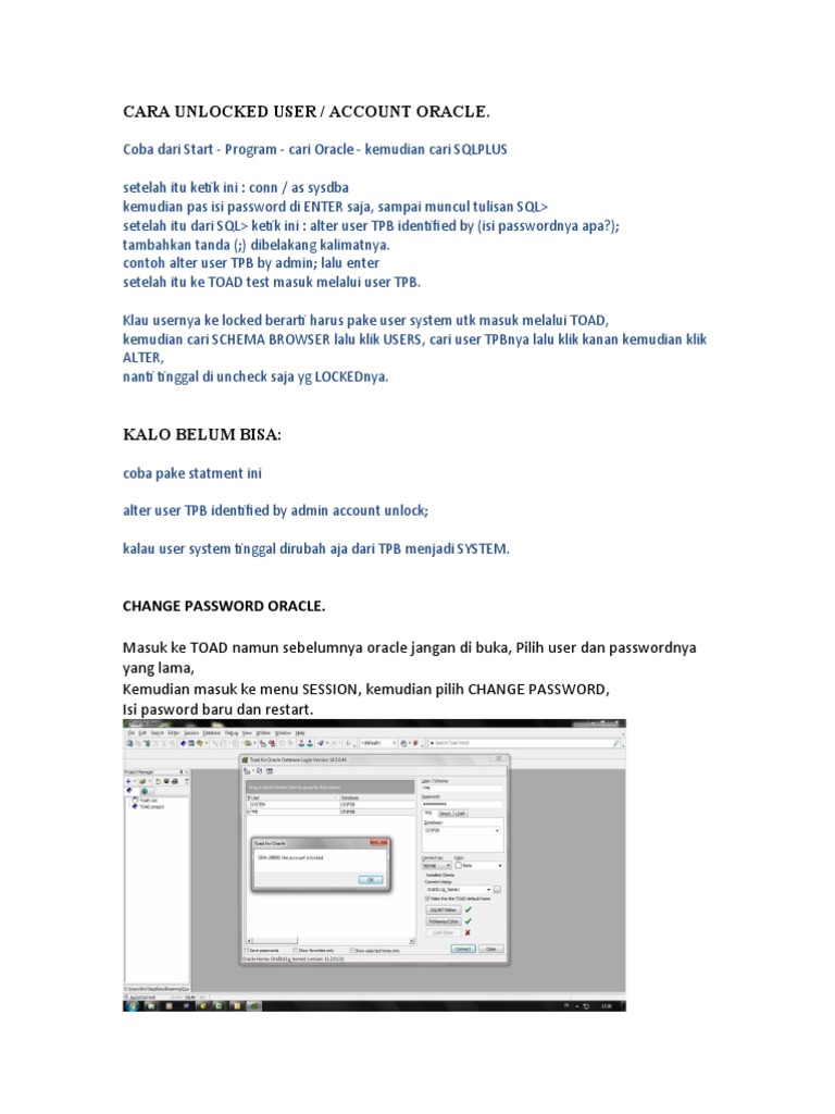 CARA UNLOCKED USER ORACLE Dan Change Password | PDF | Karier & Perkembangan | Komputer