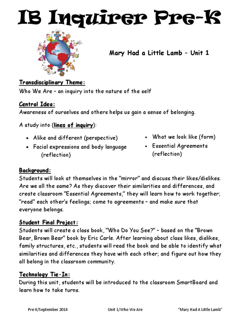 IB Inquirer Pre-K: Mary Had A Little Lamb - Unit 1 | PDF | Attitude ...