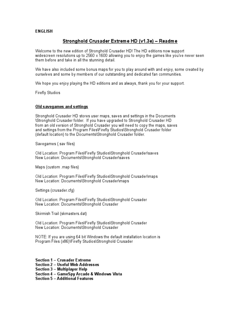 Stronghold Crusader Extreme HD (V1.3e) - Readme: English | PDF | Computer File | Computer Networking