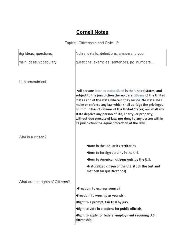 Cornell Notes 6 | PDF | Citizenship Of The United States | Citizenship