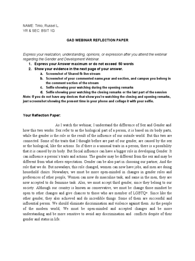 Gad Webinar Reflection Paper: NAME: Tinio, Russel L. Yr & Sec: Bsit 1G ...
