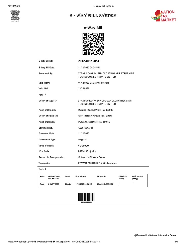 Analysis of an E-Way Bill Document Detailing the Transportation of ...