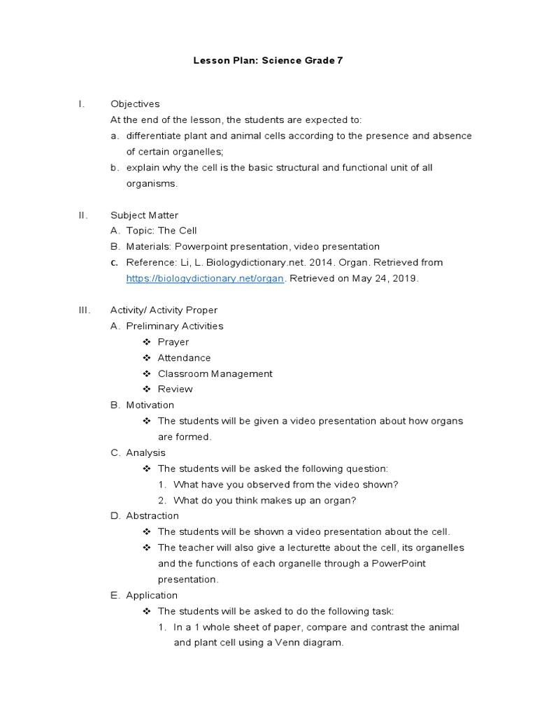 Grade 7 Science Lesson Plan: The Cell | PDF | Self-Improvement