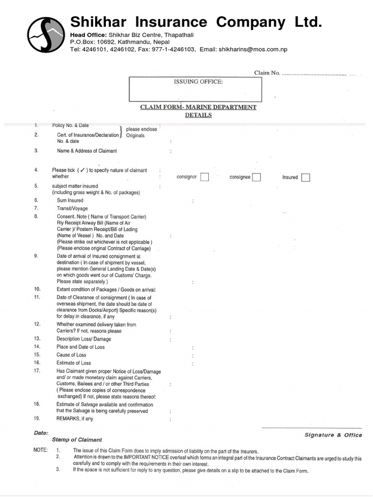 Marine Claim Form | PDF