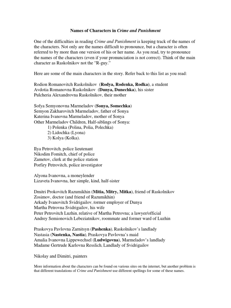 Names of Characters in Crime and Punishment | PDF