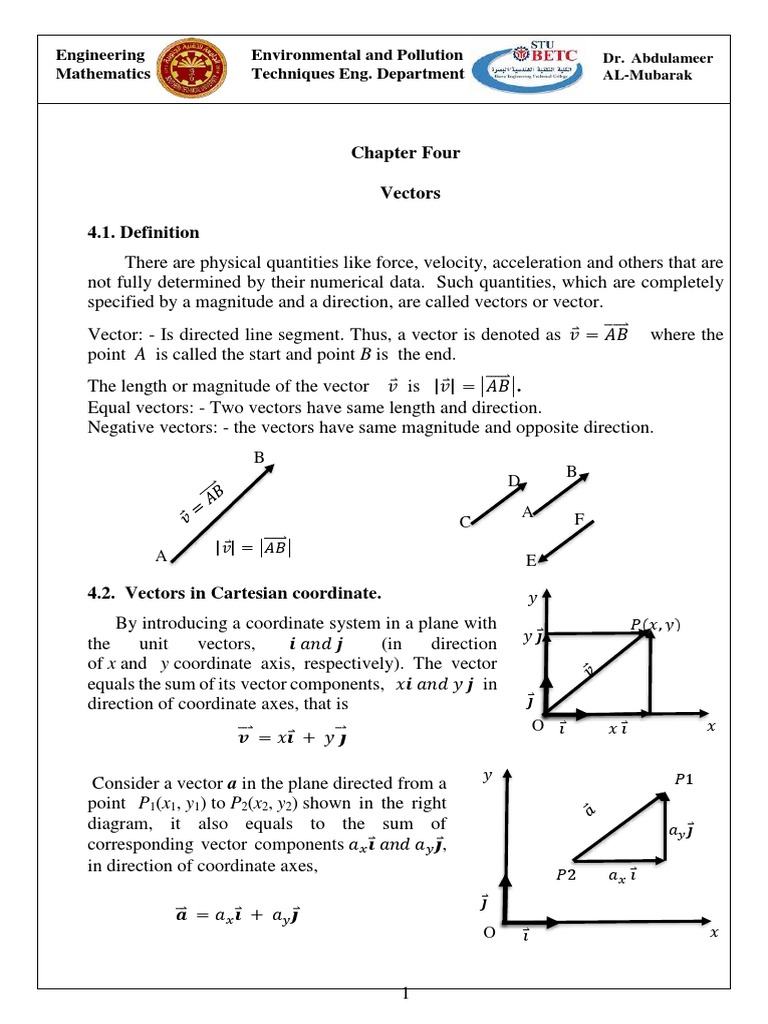 1 Ch 4 Vectors Introudaction Pdf Euclidean Vector Cartesian Coordinate System