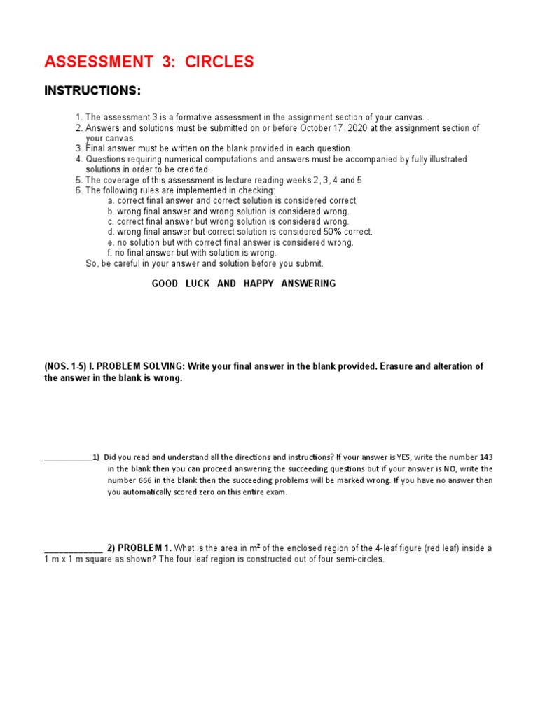 Assessment 3: Circles: Instructions | PDF | Circle | Area