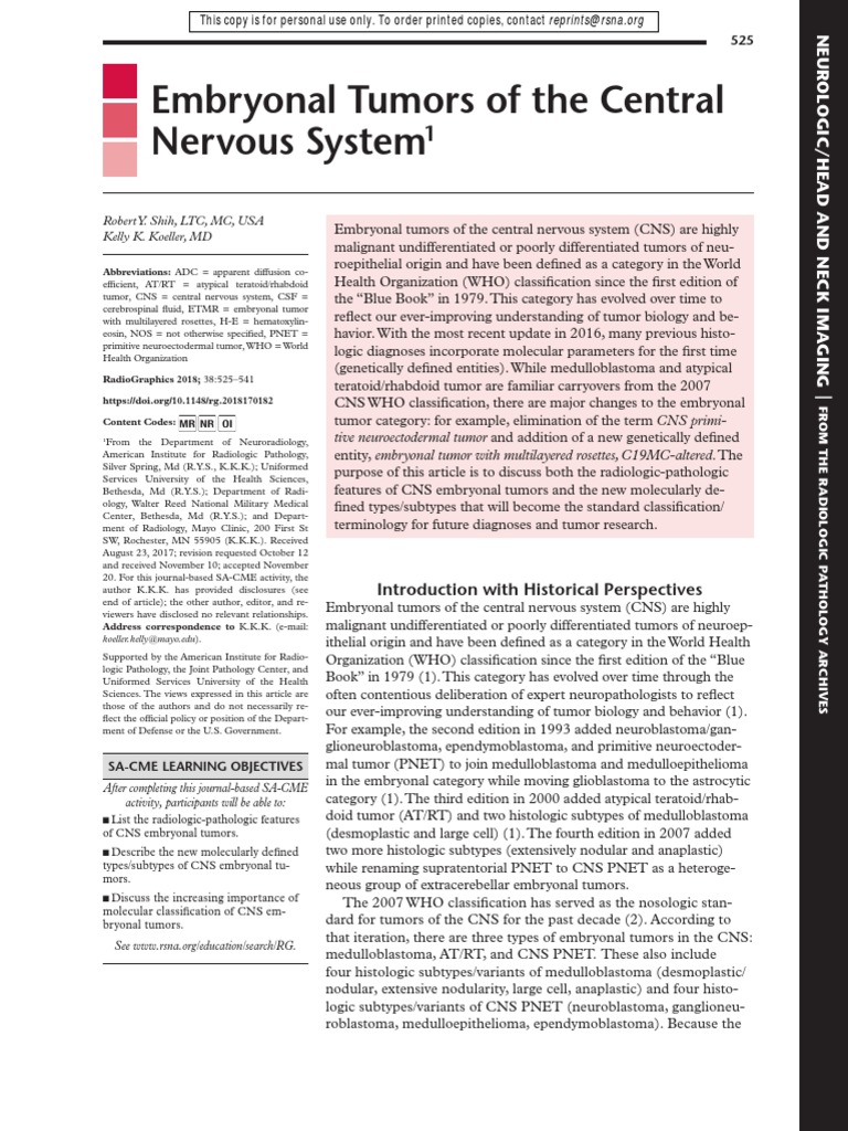 Embryonal Tumors of The Central Nervous System: Robert Y. Shih, LTC, MC ...
