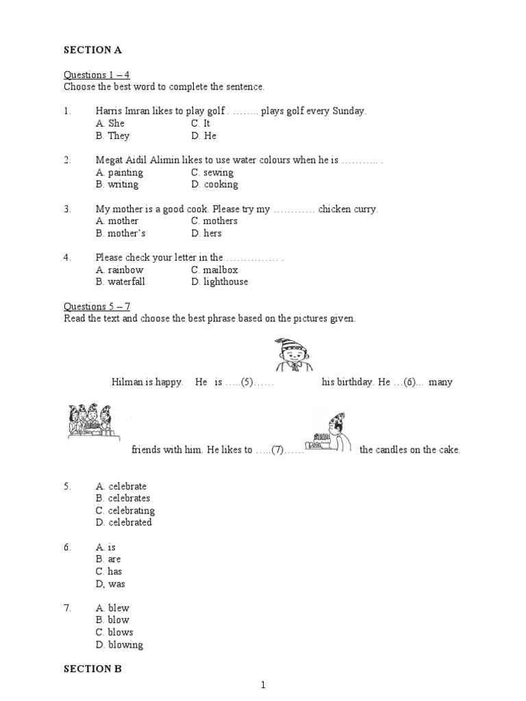 Soalan English Year 4 (Paper 1) | PDF