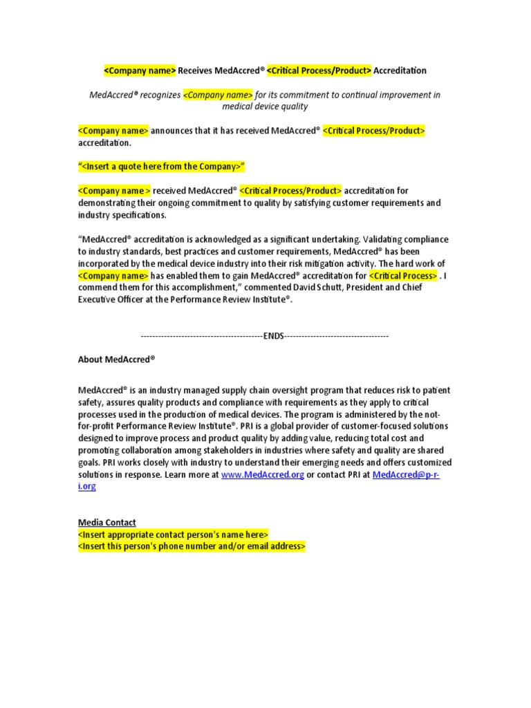 MedAccred Accreditation Template Press Release 1 | PDF