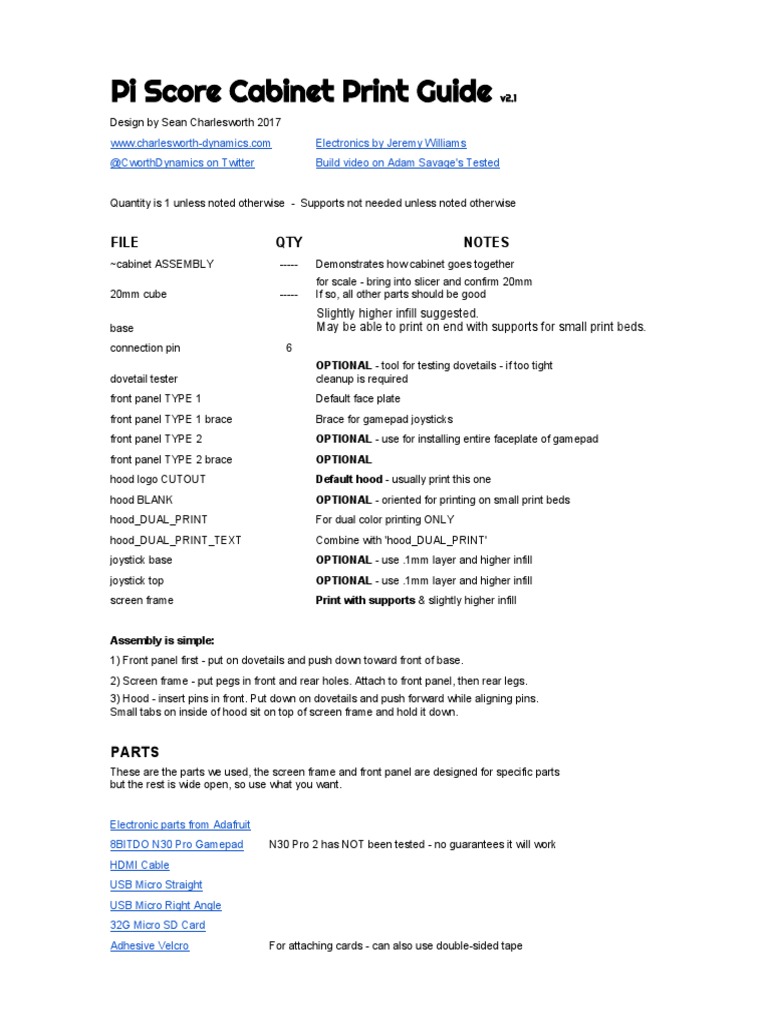 Pi Score Cabinet Print Guide: File QTY Notes | PDF