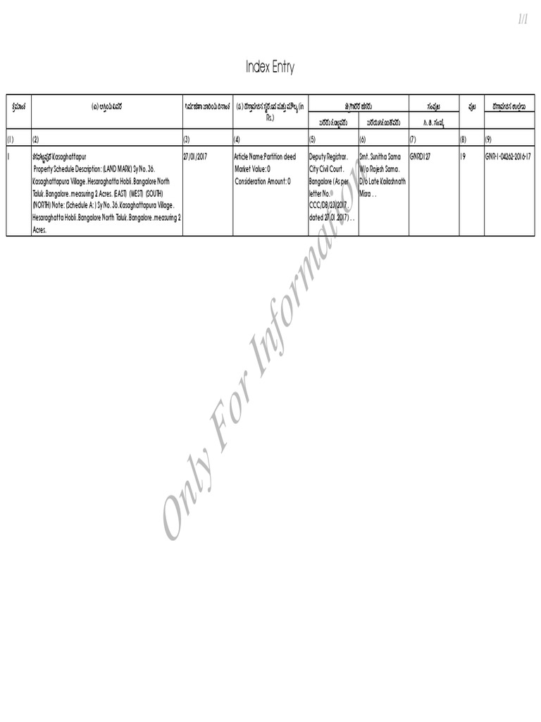 Only For Information: Index Entry | PDF | Property Law | Natural ...