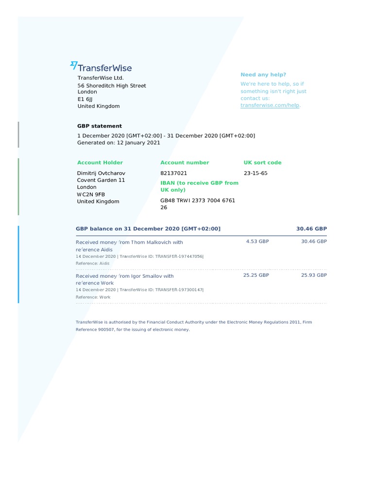 GBP Statement: Account Holder Account Number UK Sort Code | PDF