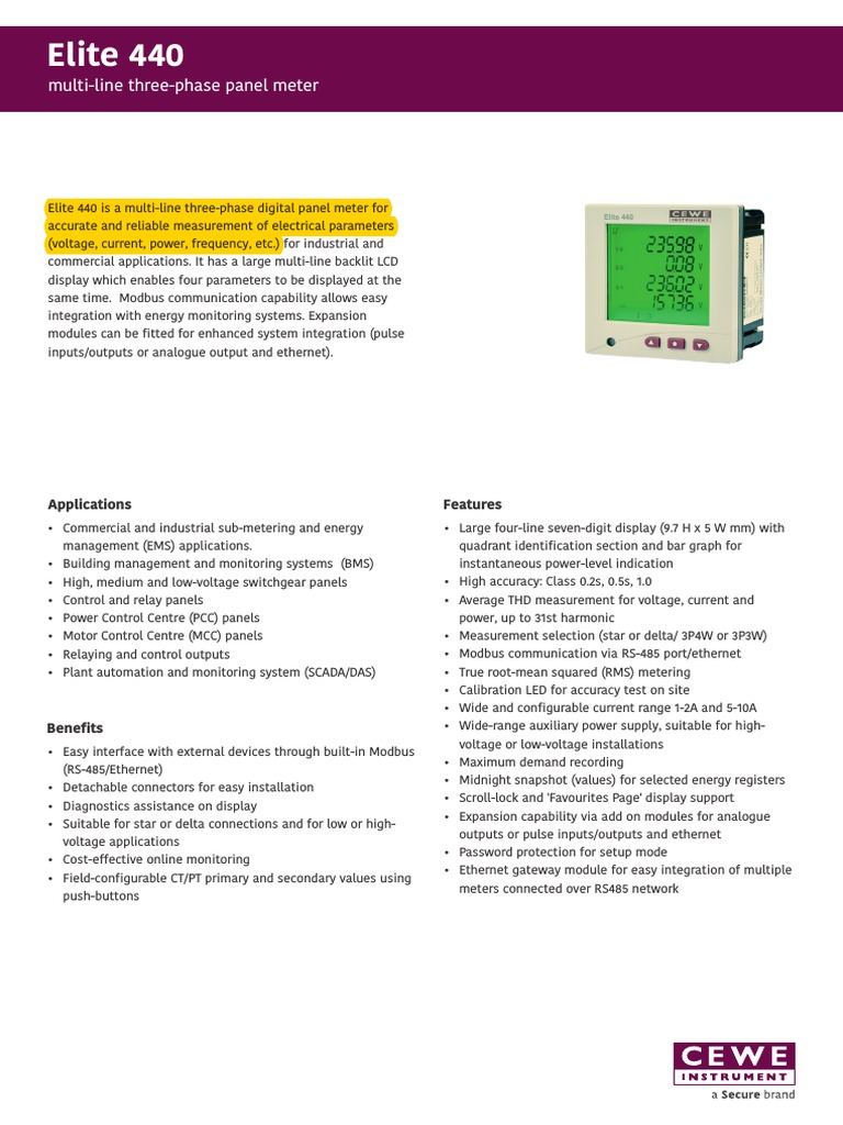 Elite 440: Multi-Line Three-Phase Panel Meter | PDF | Ac Power | Power ...