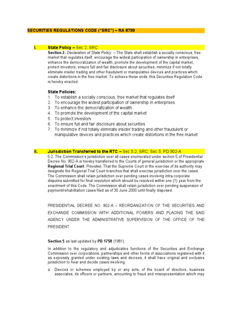 Securities Regulations Code ("SRC") - Ra 8799 | PDF | Securities ...