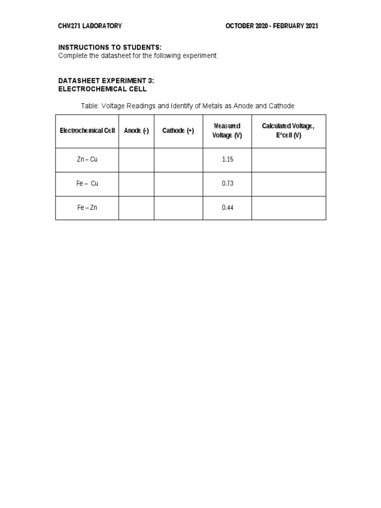 Electrochemical Cell Experiment Data | PDF