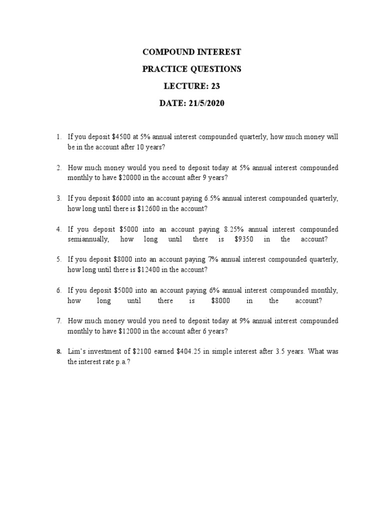 Compound Interest Practice Questions Lecture 23 | PDF