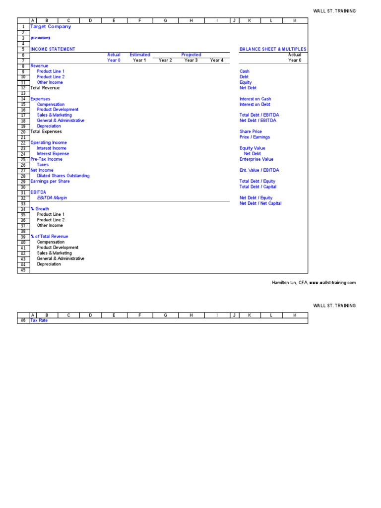 Target Company: Income Statement Balance Sheet & Multiples Actual ...