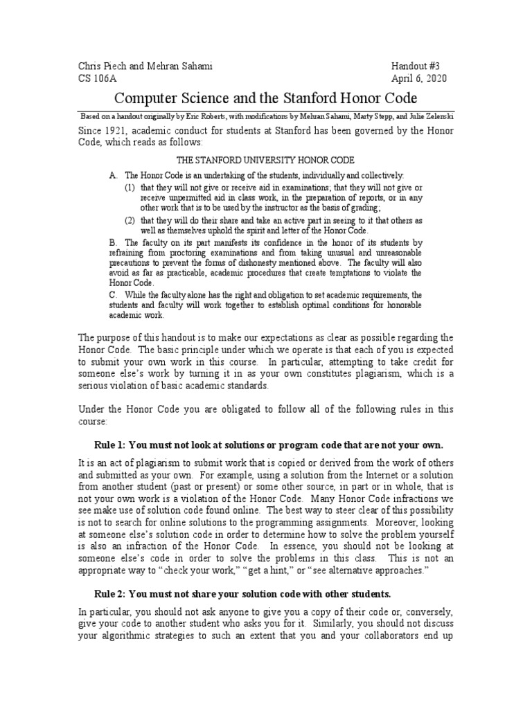 Computer Science and The Stanford Honor Code | PDF | Plagiarism ... Computer Science and The Stanford Honor Code | PDF | Plagiarism ...