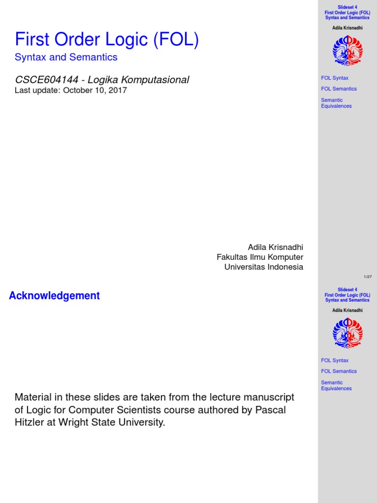 FOL Syntax and Semantics Overview | PDF | First Order Logic | Logical ...