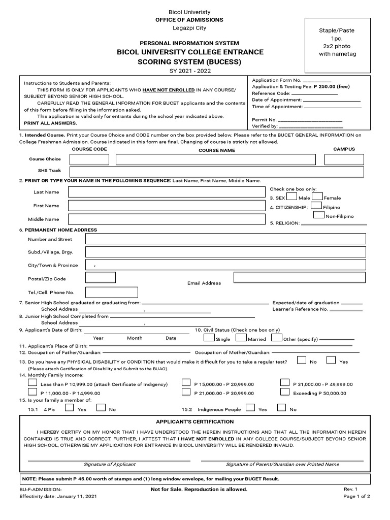 BUCET - Application Form2021-Merged - Bicol University Admission Office ...
