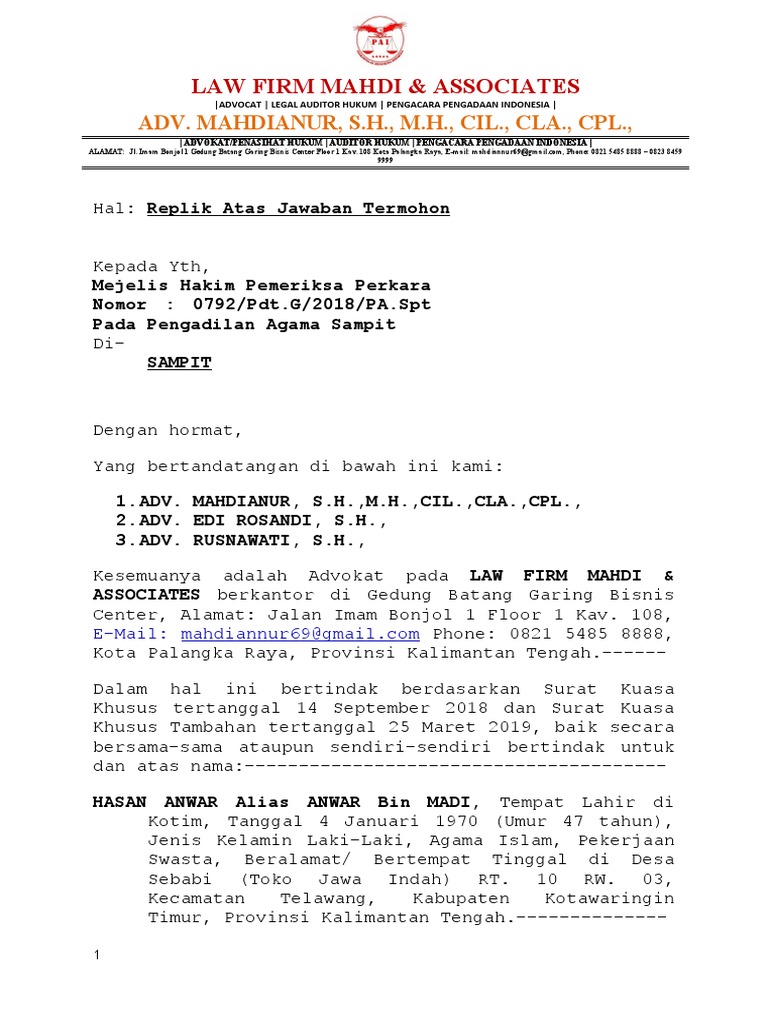 Replik Penggugat | PDF | Hukum