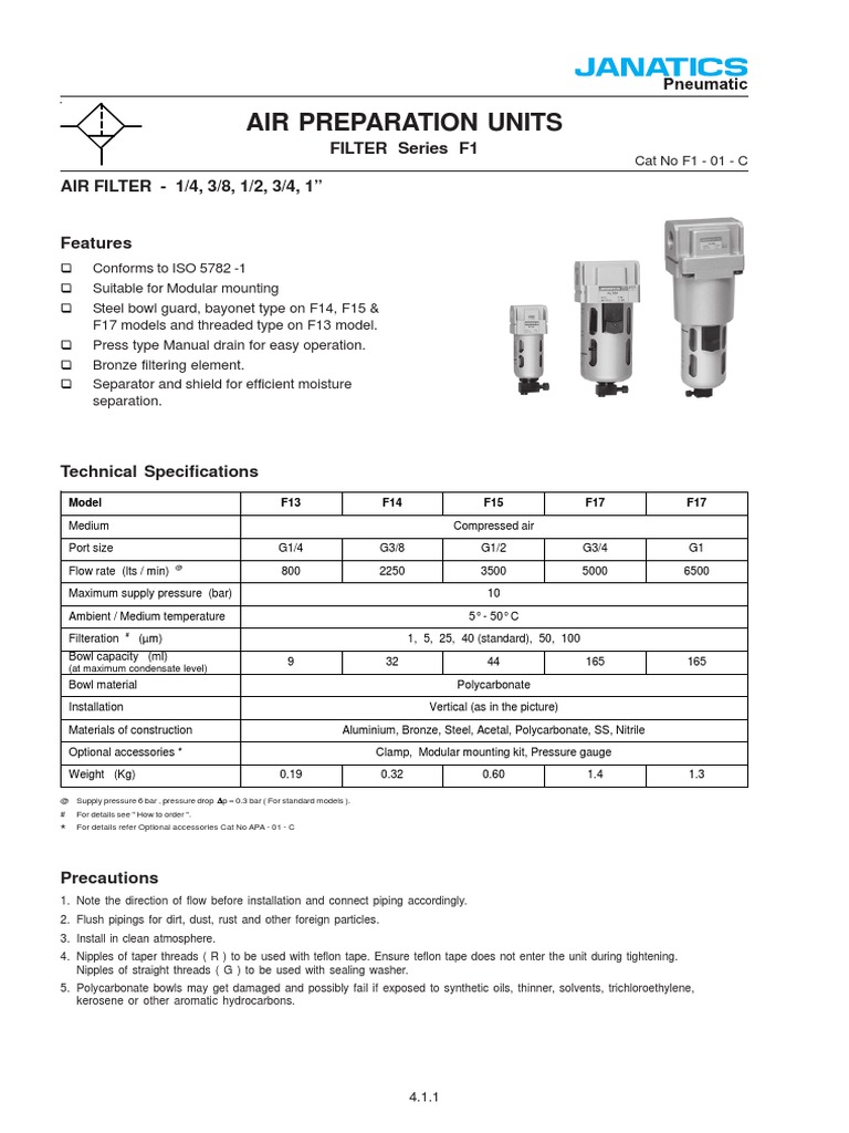 Air Preparation Units: FILTER Series F1 AIR FILTER - 1/4, 3/8, 1/2, 3/4 ...