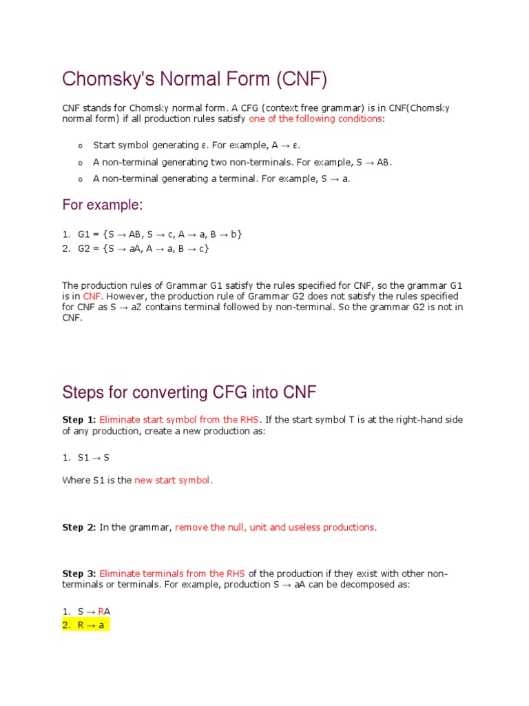 Chomsky's Normal Form (CNF) : Steps For Converting CFG Into CNF | PDF | Theoretical Computer ...