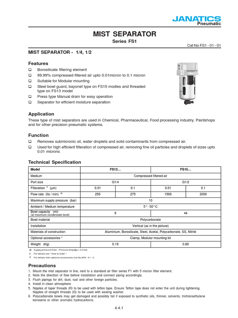 Series FS1 Mist Separator - 1/4, 1/2 Features | PDF | Filtration | Liquids