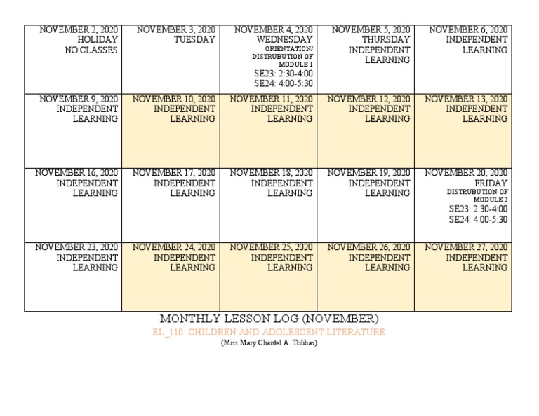 November (Lesson Log) | PDF