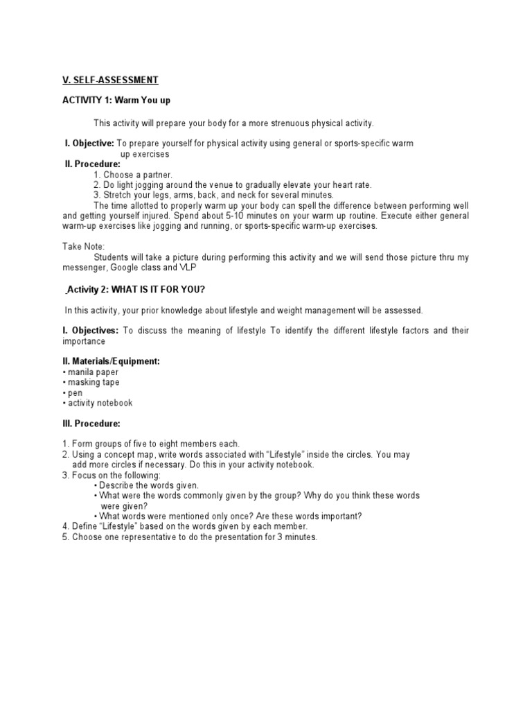 V. Self-Assessment ACTIVITY 1: Warm You Up | PDF | Eating | Weight ...