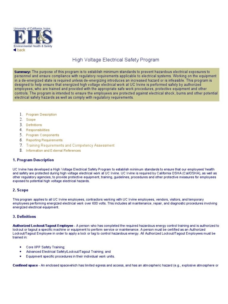 High Voltage Electrical Safety Program | PDF | High Voltage | Personal ...