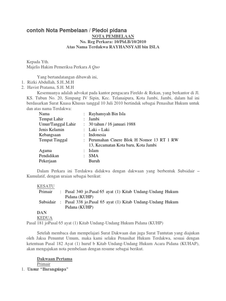 Contoh Nota Pembelaan Atau Pledoi Pidana PDF | PDF