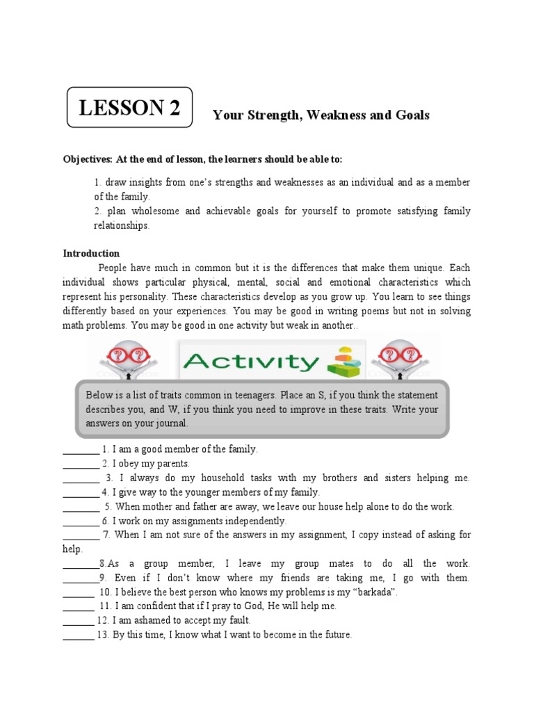 Lesson 2: Your Strength, Weakness and Goals | PDF | Behavioural ...