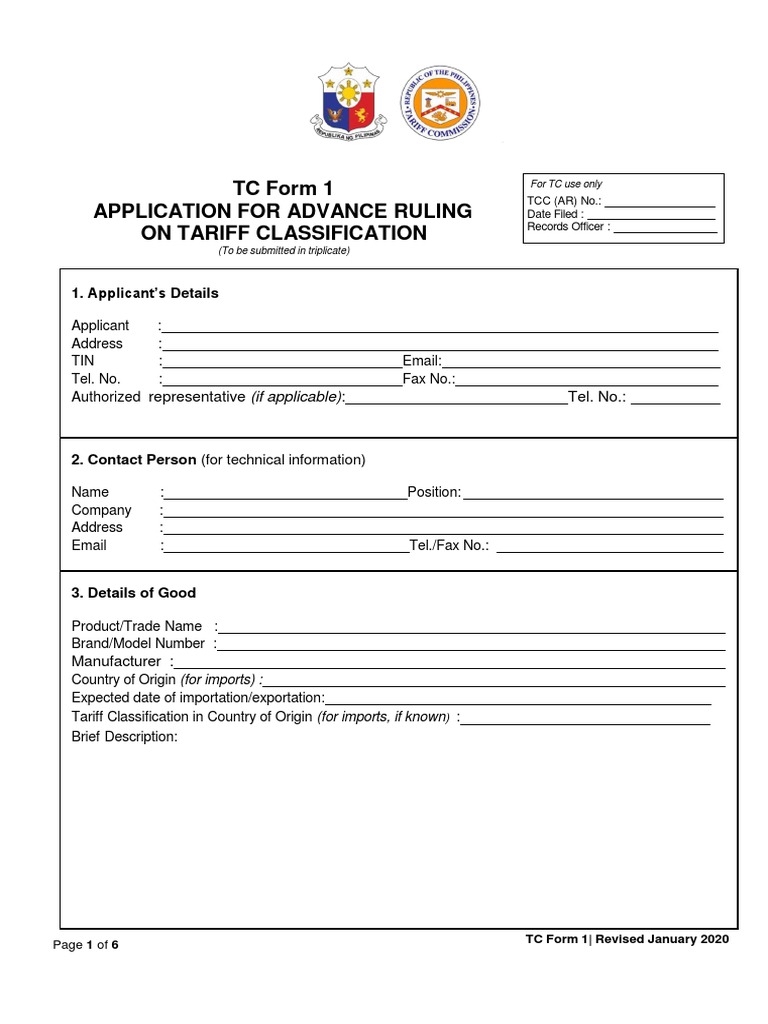 TC AR Form 1 APPLICATION FOR ADVANCE RULING PDF | PDF | Tariff ...
