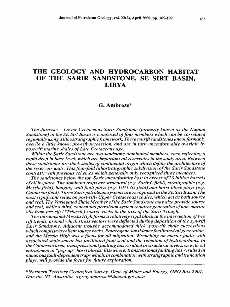 The Geology and Hydrocarbon Habitat of The Sarir Sandstone, Se Sirt ...