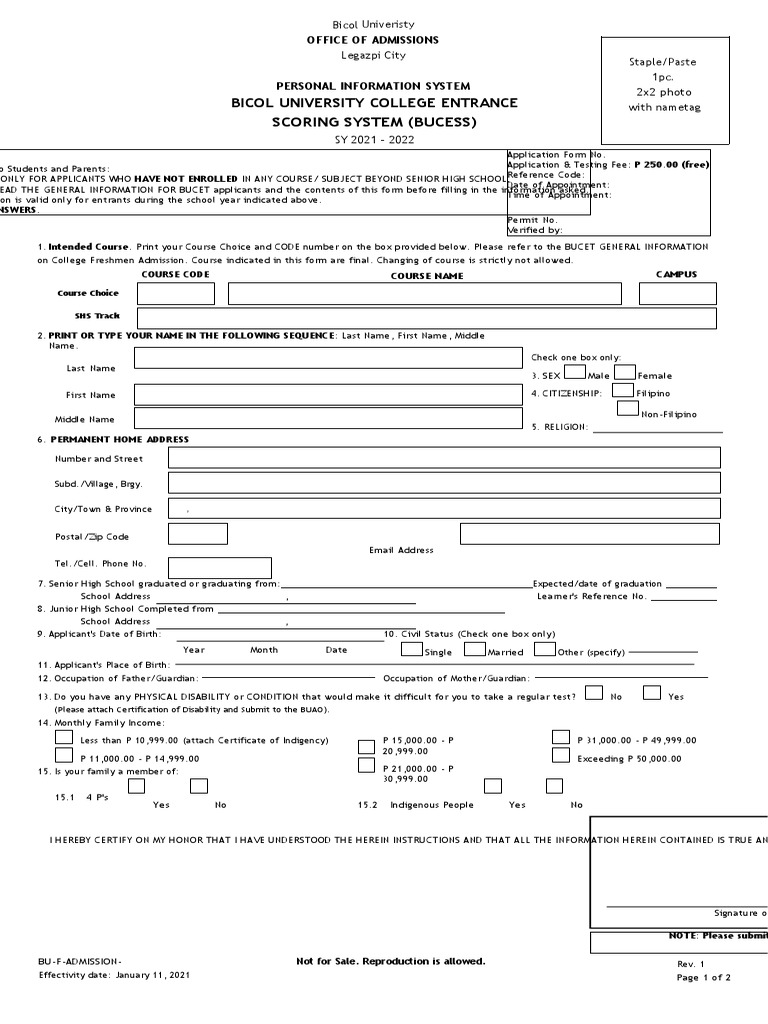 BUCET - Application Form2021-Merged - Bicol University Admission Office ...