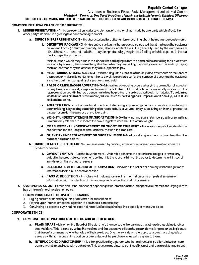 Module 6 - Common Unethical Practices of Business Est. and Ethical ...