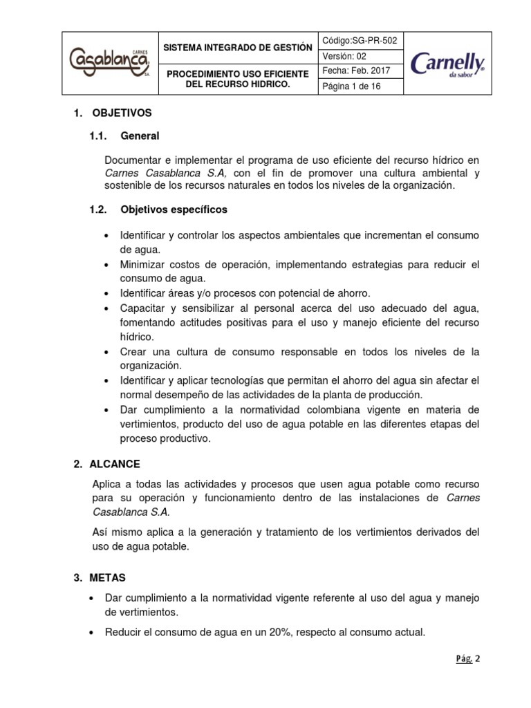 SG-PR - 502 Procedimeinto Uso Eficiente Del Recurso Hidrico | PDF | Agua | Carne