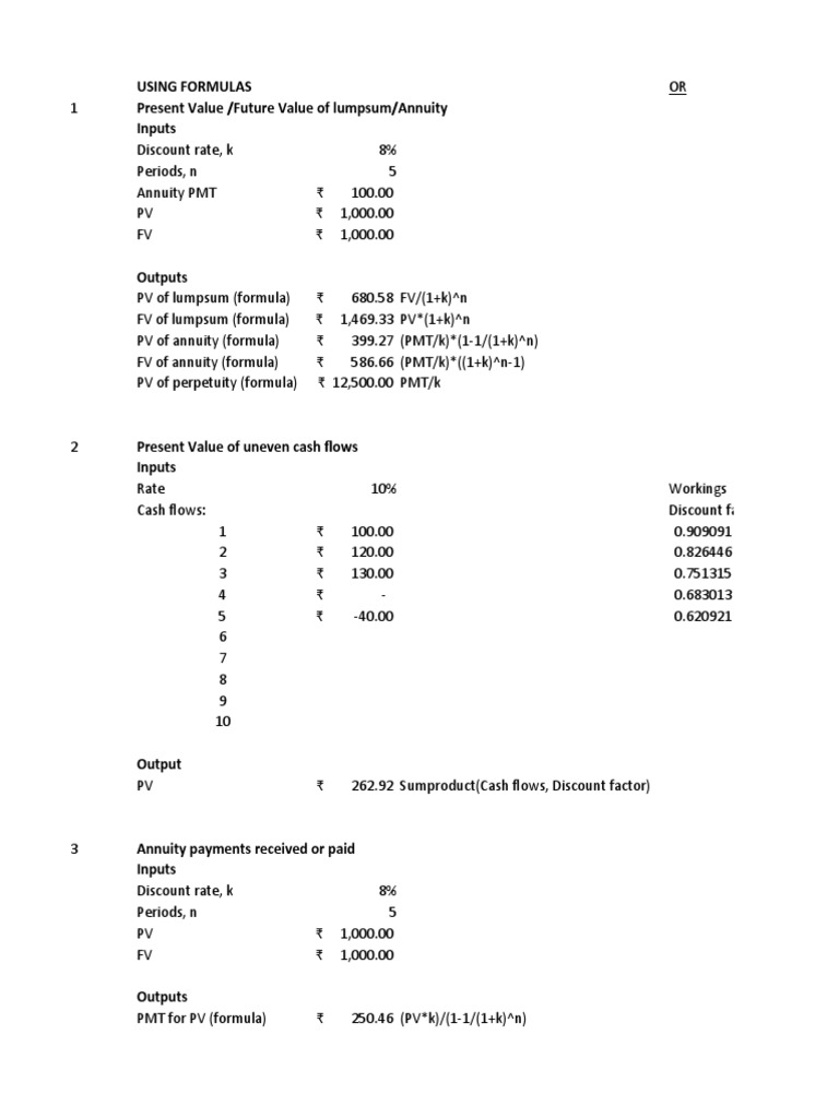 Using Formulas Present Value /future Value of Lumpsum/annuity Inputs ...