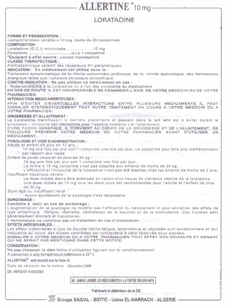 Allertine 10 mg : Indications et Posologie | PDF | Effet indésirable ...