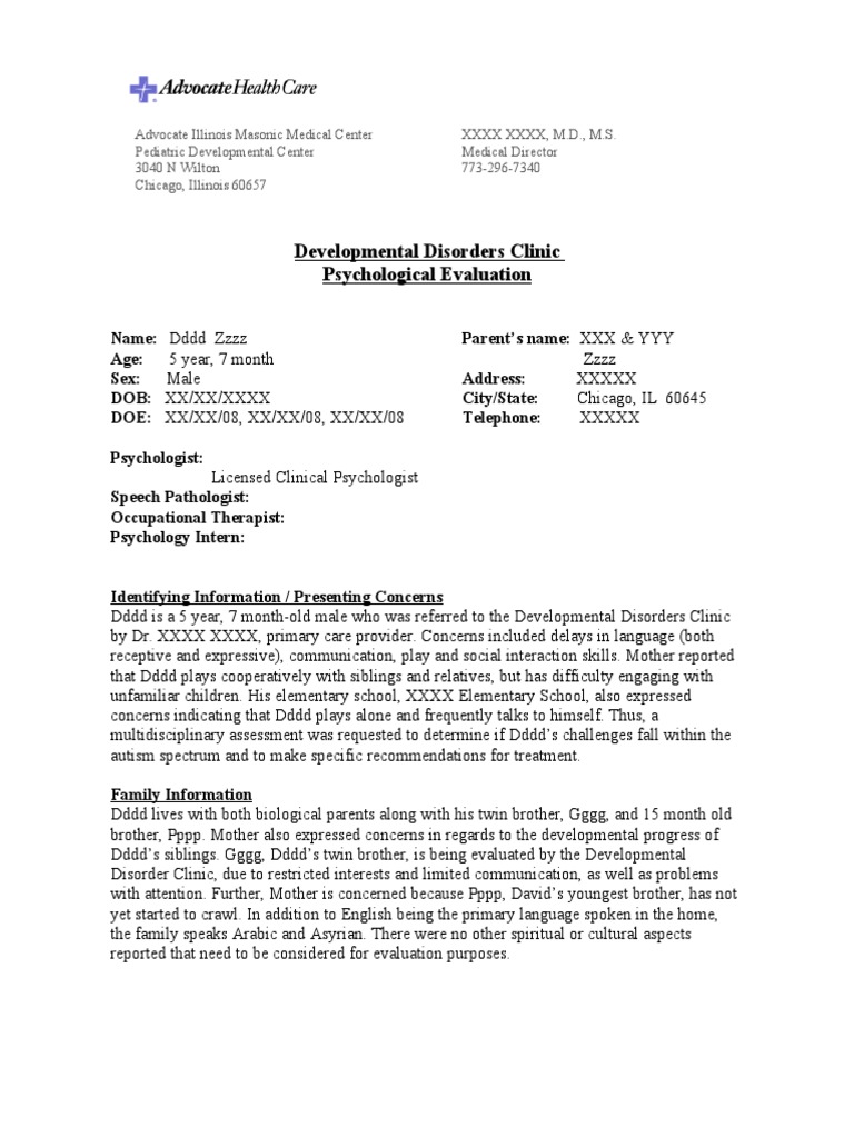 Sample Report ADI-R & ADOS-2 | PDF | Autism | Nonverbal Communication