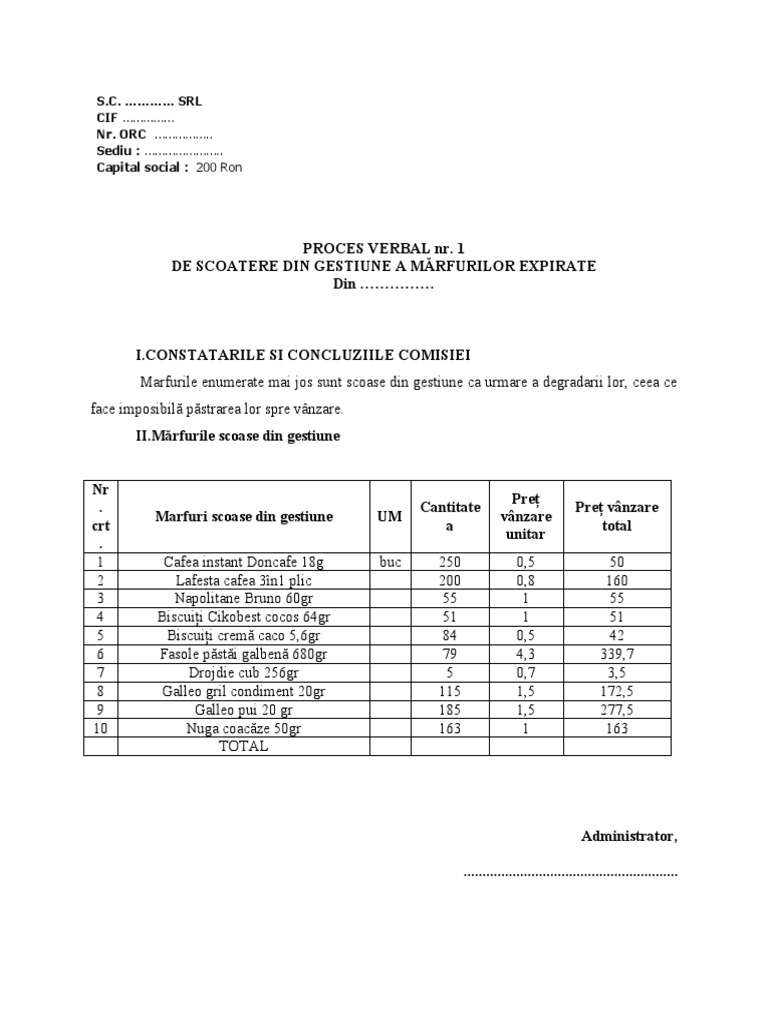 Proces Verbal de Scoatere Din Functiune Marfa Deteriorata | PDF