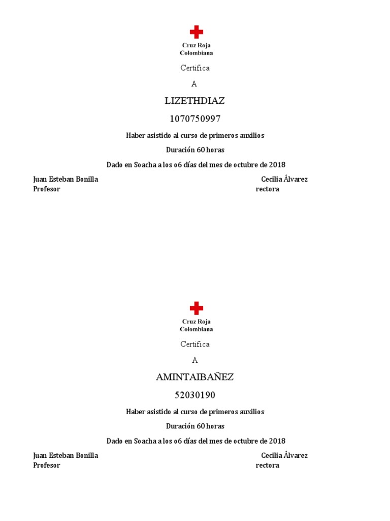 Certificado Cruz Roja Dos | PDF