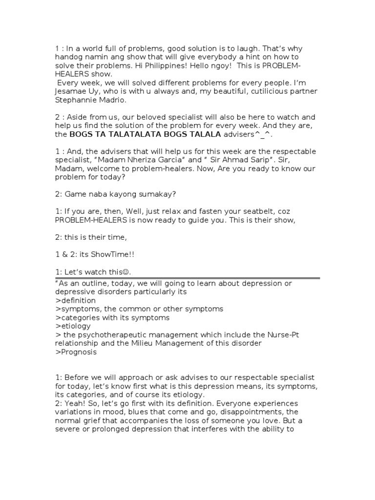 Script For Depression | PDF | Major Depressive Disorder | Depression (Mood)