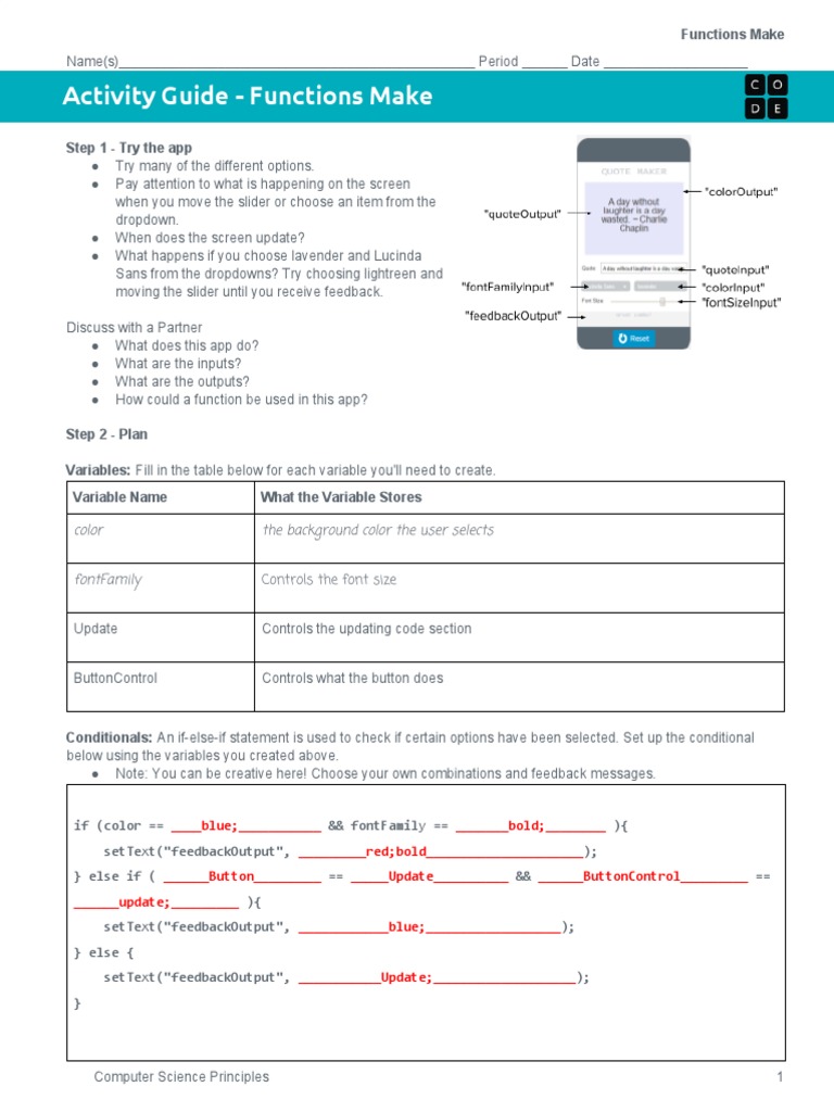 U4l11 Activity Guide Functions Make Pdf Function Mathematics Variable Computer Science