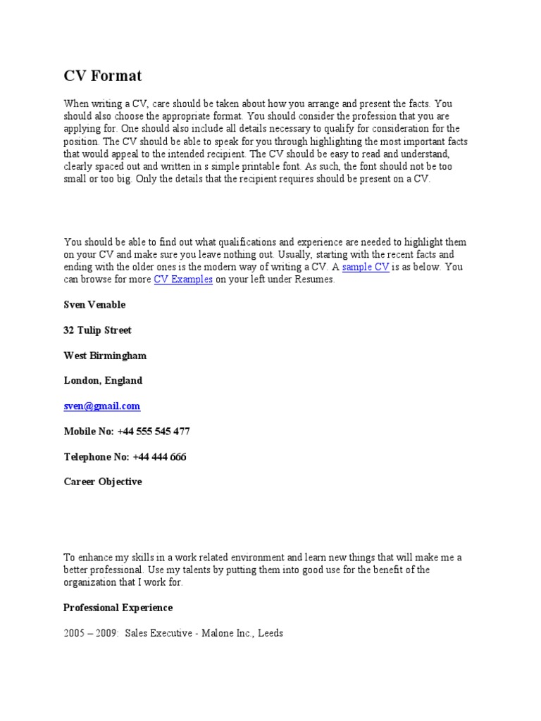 CV Format: Sample CV CV Examples | PDF | Sales | Communication